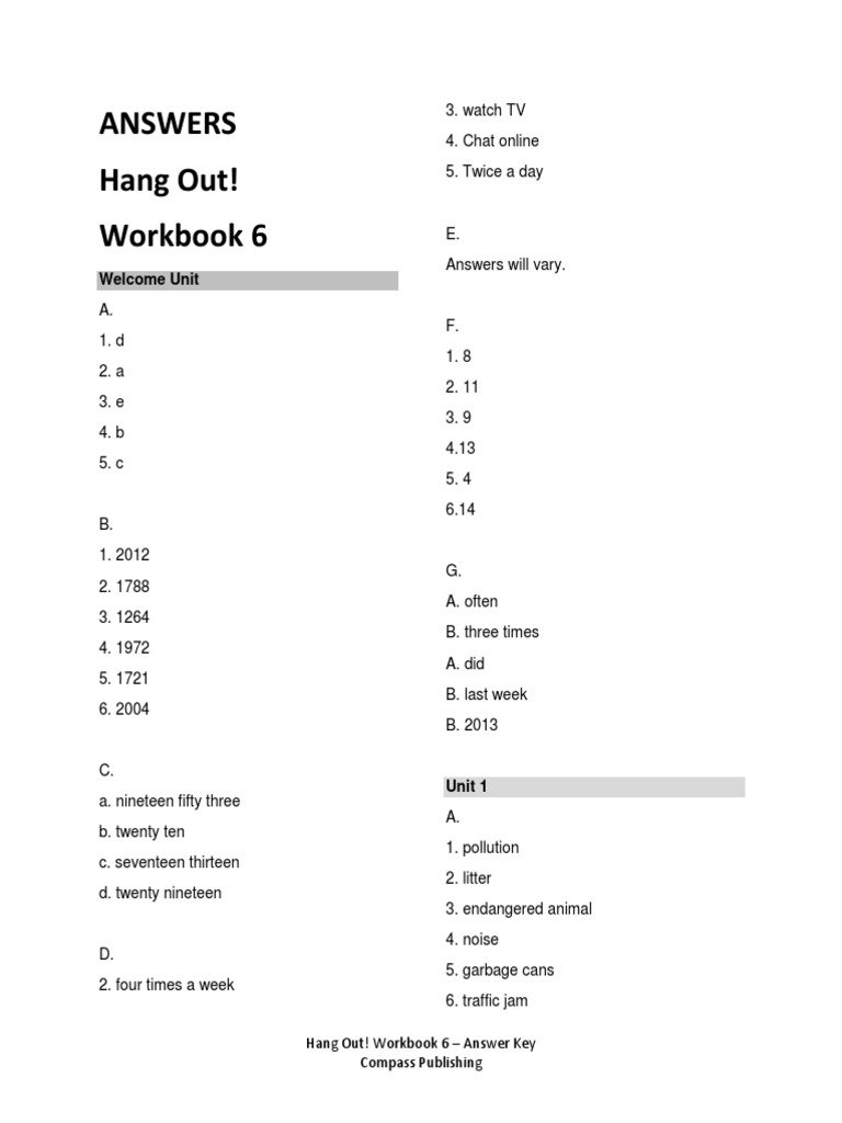 Hang Out! 6 Workbook Answer Key | PDF | Nature