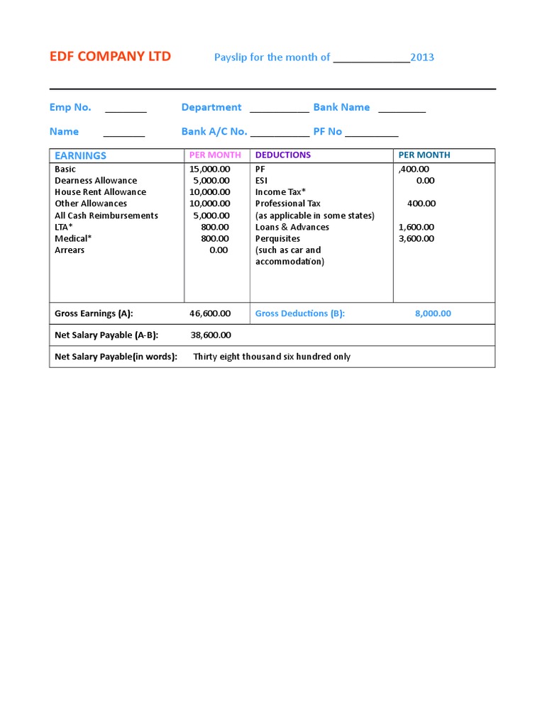 EDF Company Salary Slip Format | PDF | Finance & Money Management