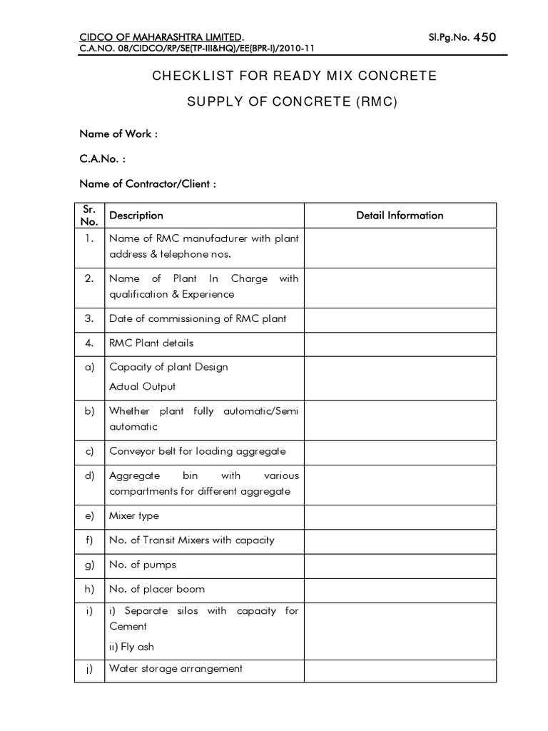 450 Checklist For Ready Mix Concrete Supply of Concrete (RMC ...