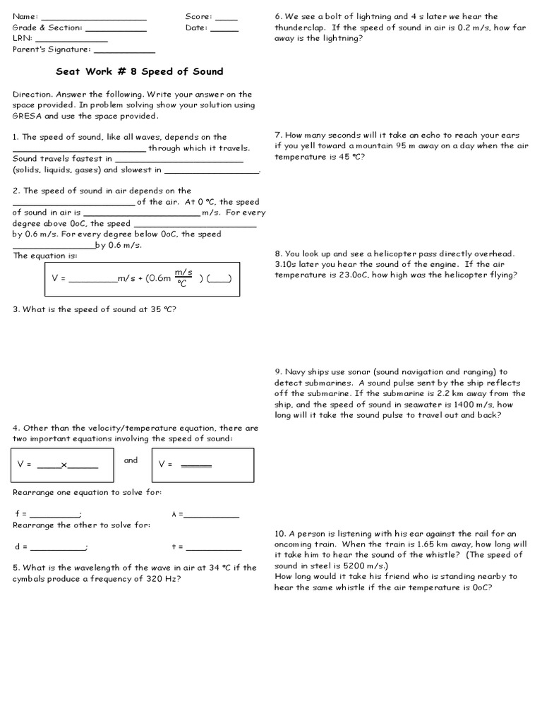 SeatWork Speed of Sound | PDF | Sonar | Sound