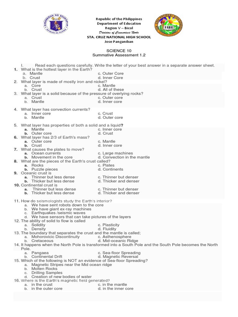 Grade 10-Summative Assessment 1.2 Science | PDF | Plate Tectonics ...