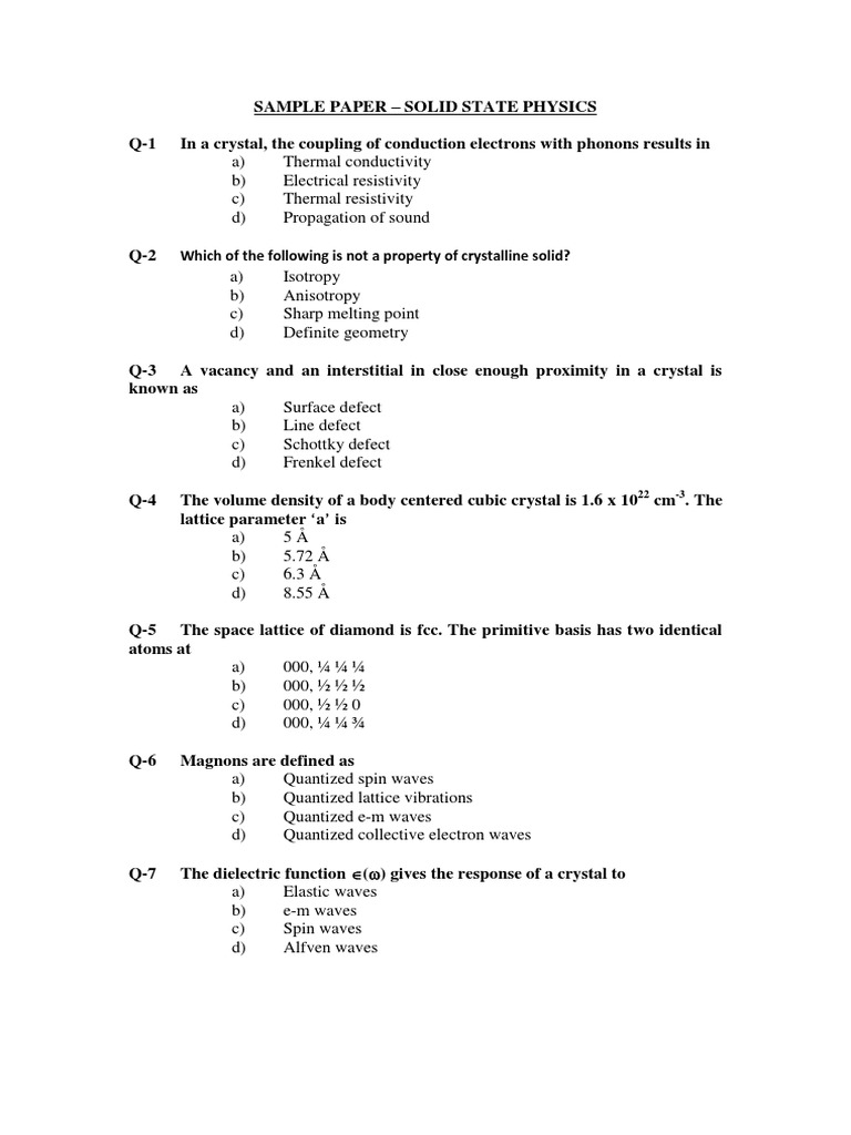 Solid State Physics Sample Paper | PDF