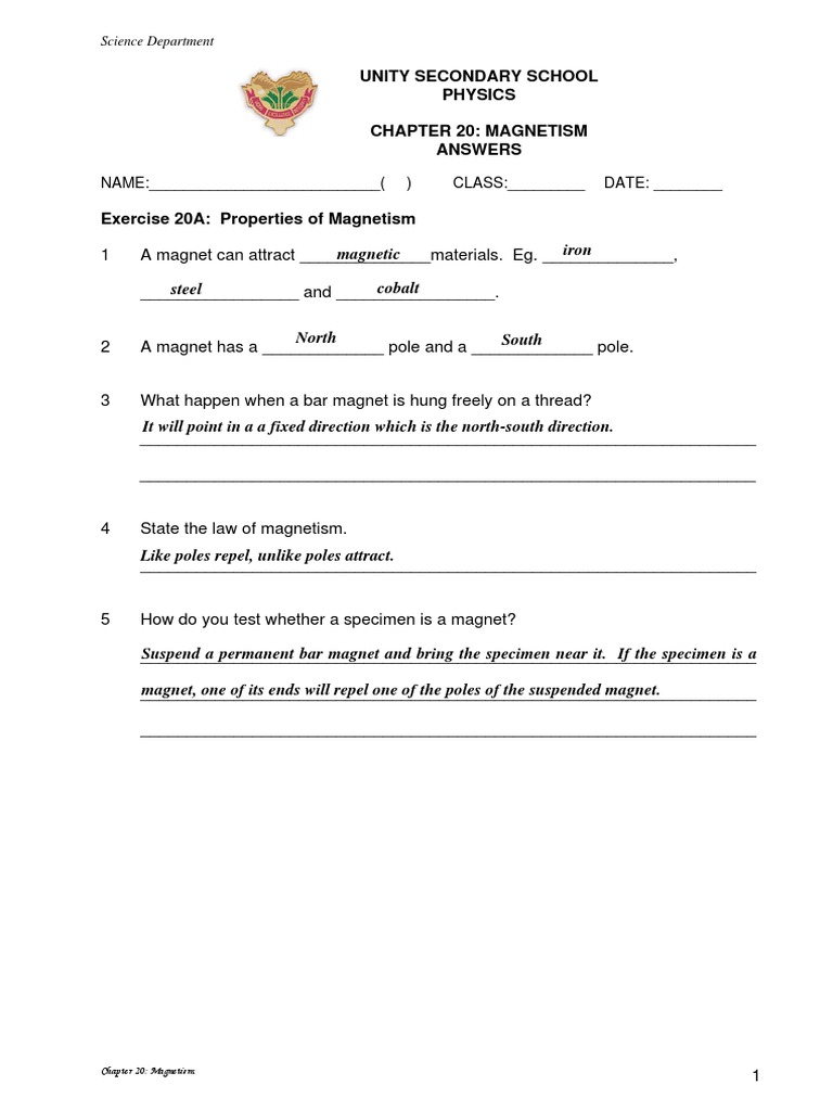 Unity Secondary School Physics Chapter 20: Magnetism Answers | PDF | Magnetism | Magnet