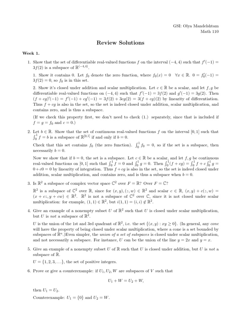 110 Review Solutions | PDF | Linear Map | Linear Subspace