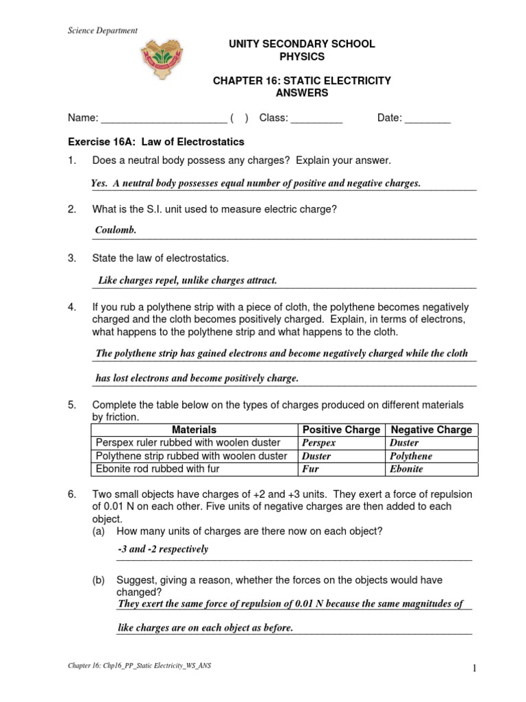 Static Electricity Worksheet Answers | PDF | Electric Charge ...