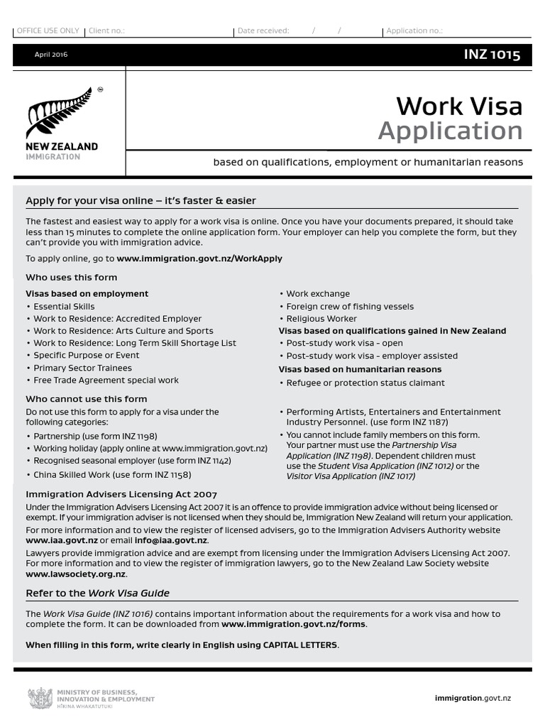 INZ 1015 Work Visa Application | PDF | Travel Visa | Cheque
