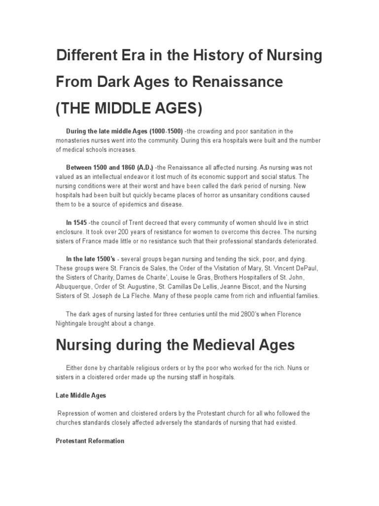 Different Era in The History of Nursing From Dark Ages To Renaissance ...