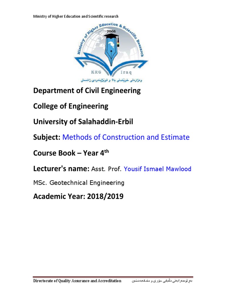 0 Coursebook Methods of Construction and Estimation 2018 2019 | PDF ...