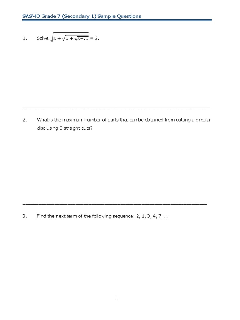 SASMO Grade 7 (Secondary 1) Sample Questions | PDF | Numbers | Summation