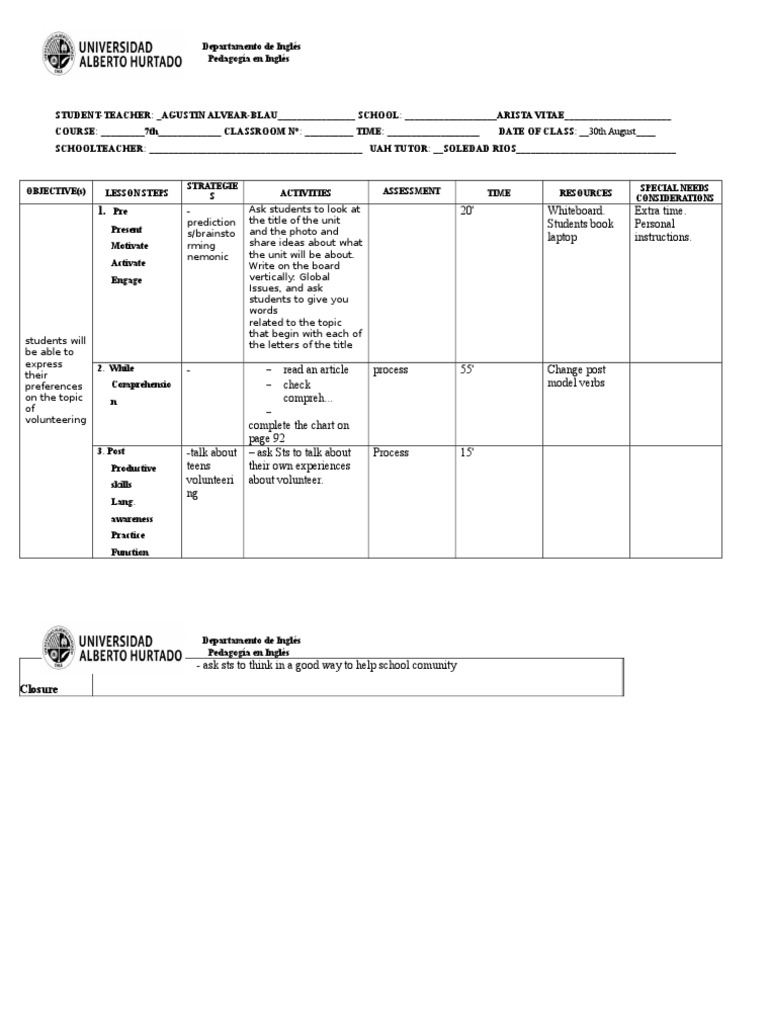 Objective (S) Lesson Steps Strategie S Activities Assessment Time Resources Special Needs ...