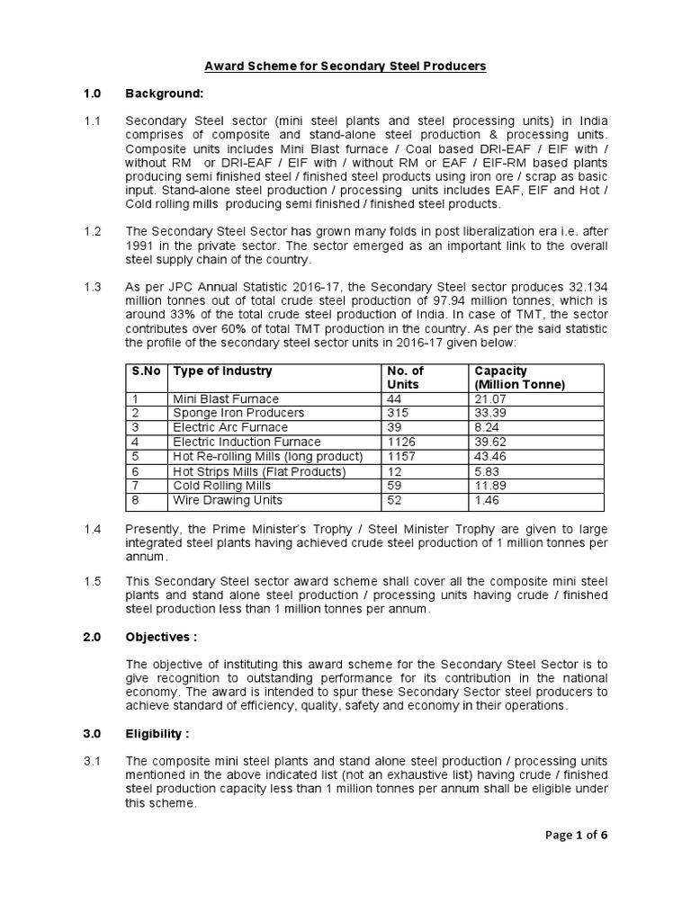 Award Scheme For Secondary Steel Producers 1.0 Background:: Page 1 of 6 | PDF | Steelmaking | Steel