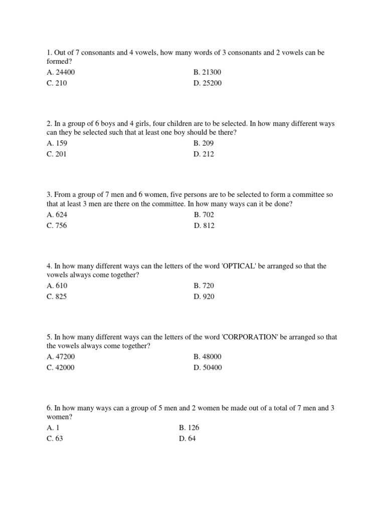 Permutation and Combinations Questions | PDF | Consonant | Vowel