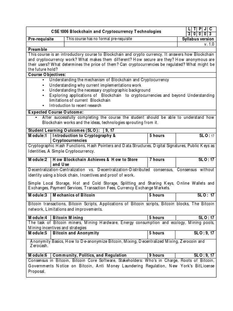 Cse1006 Blockchain-And-cryptocurrency-technologies TH 1.0 0 Blockchain and Cryptocurrency ...