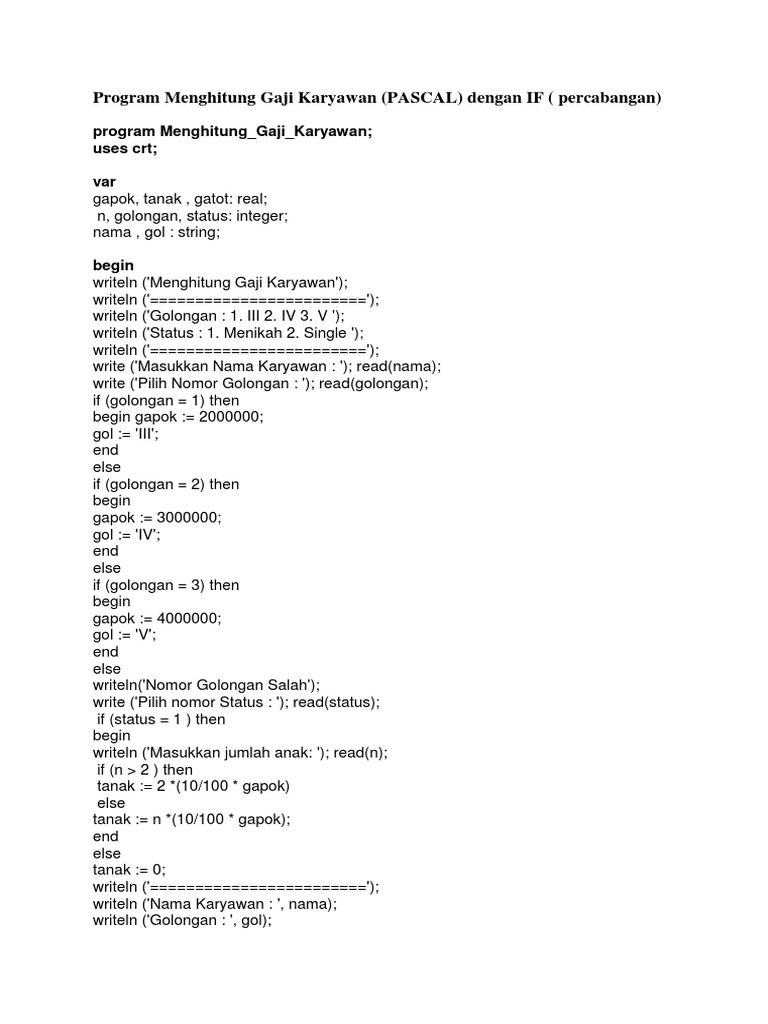 Program Menghitung Gaji Karyawan PASCAL | PDF