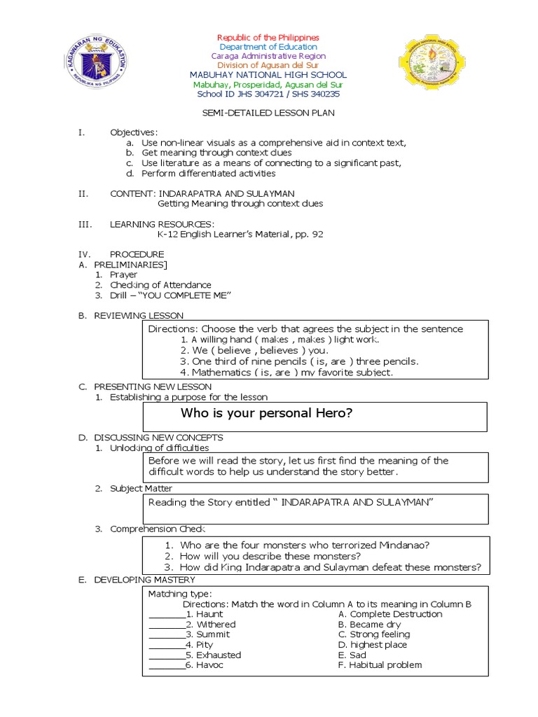 Who Is Your Personal Hero?: Mabuhay National High School | PDF | Lesson ...