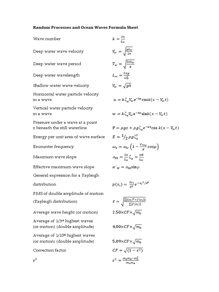 Random Processes and Ocean Waves Formula Sheet | PDF | Waves | Wavelength