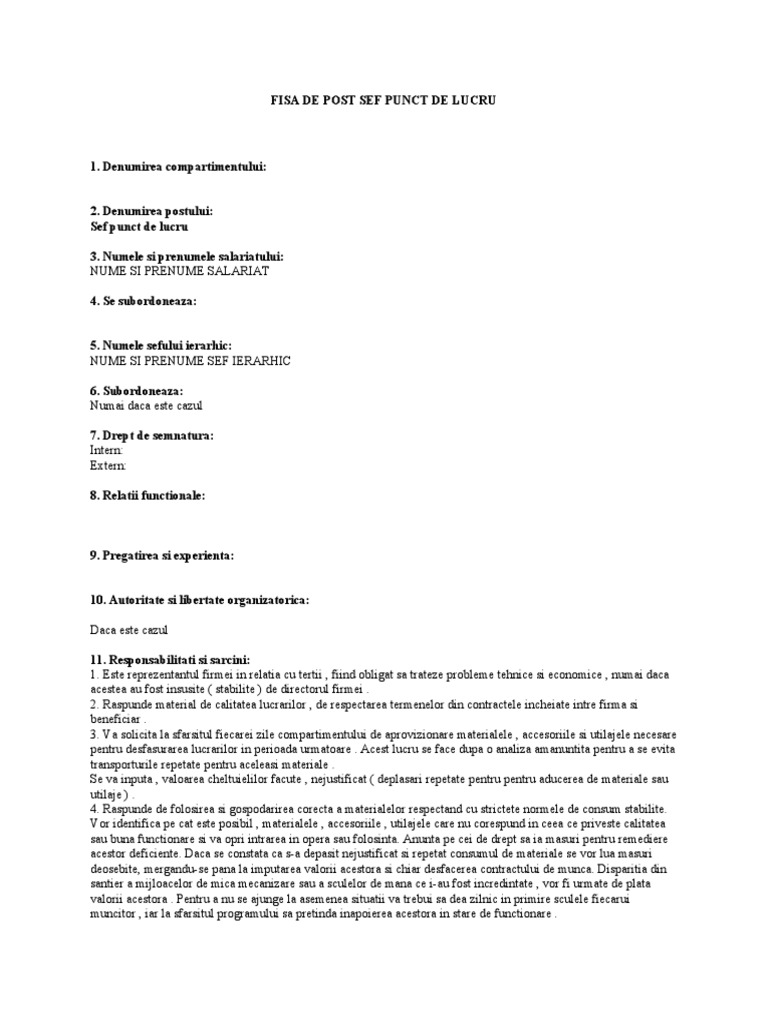 Fisa Postului Sef Punct de Lucru