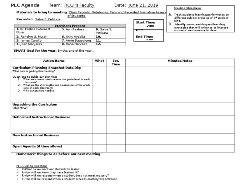 RCGI Faculty PLC Meeting Agenda | PDF