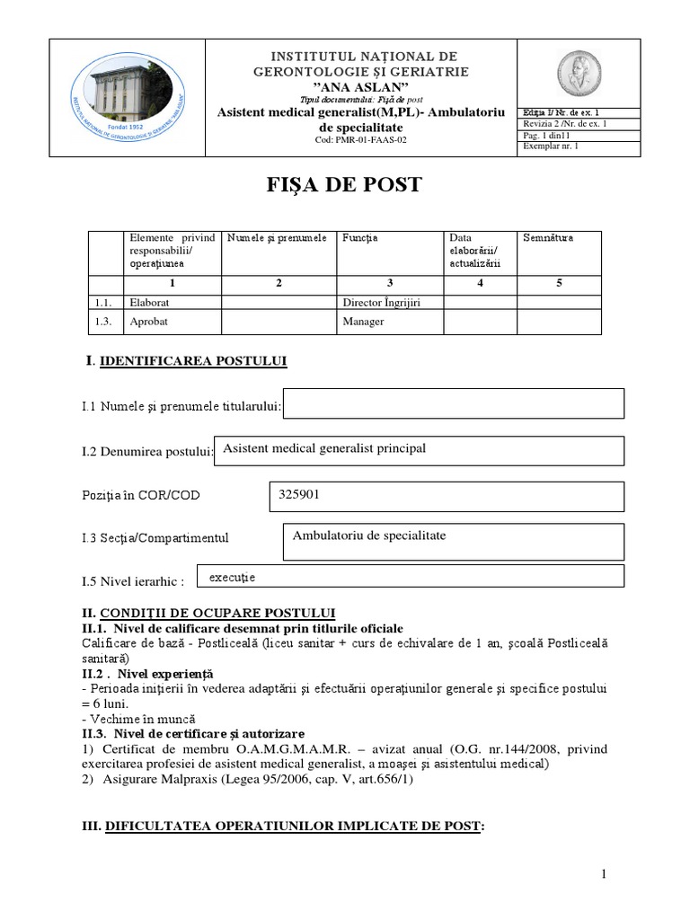 Fisa de Post Asistent Medical Generalist PL Ambulatoriu de Specialitate ...