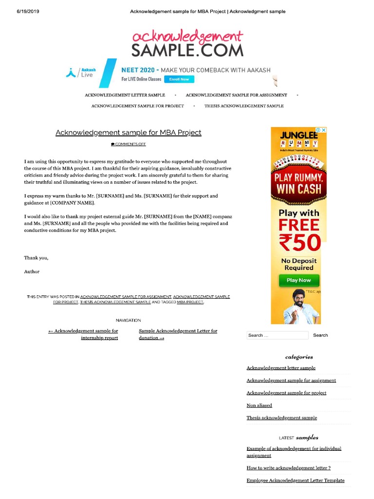 Acknowledgement Sample | PDF