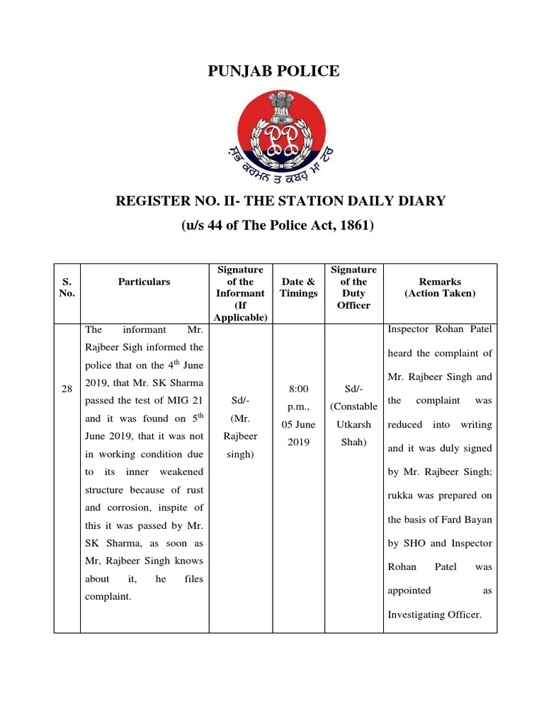 Punjab Police: Register No. Ii-The Station Daily Diary (U/s 44 of The ...