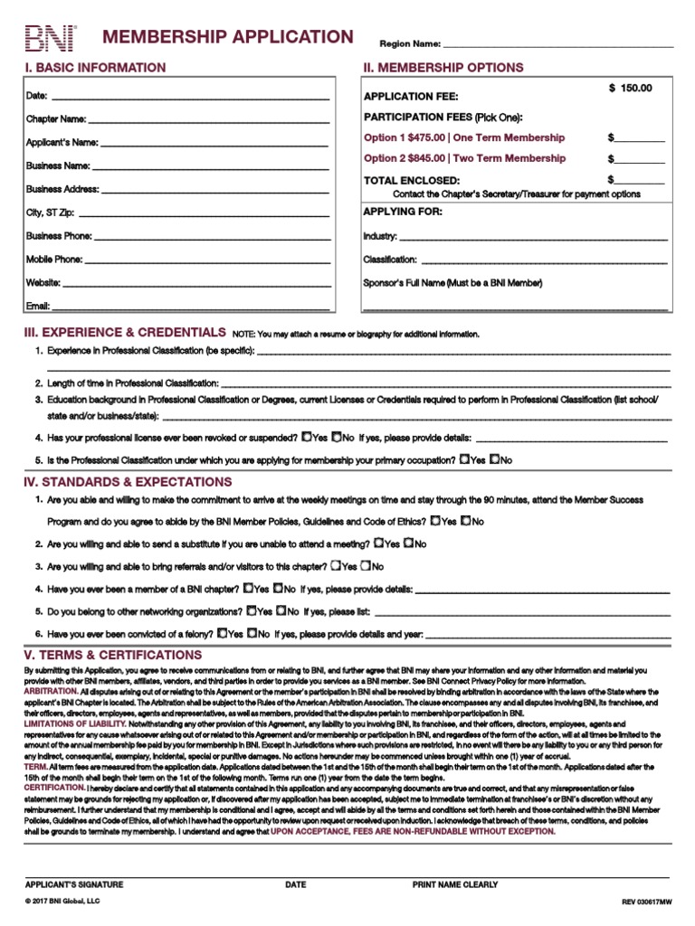 BNI Membership Application Form | PDF | Arbitration | Franchising