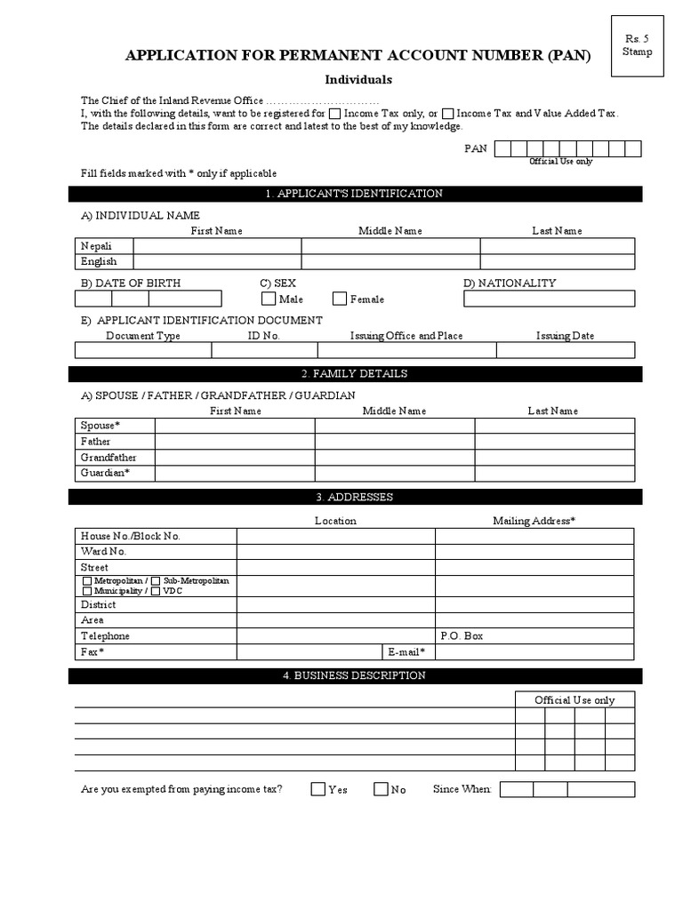 Application For Permanent Account Number (Pan) : Individuals | PDF ...