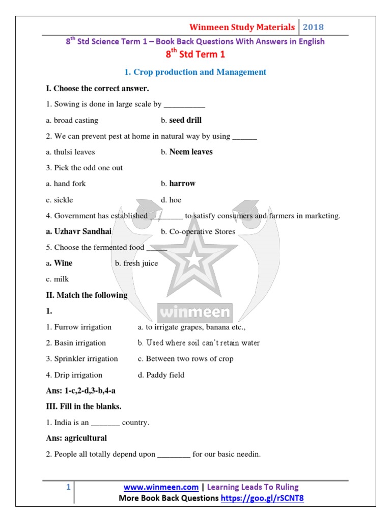 8th Std Science Term 1 Answers Guide | PDF | Pressure | International ...