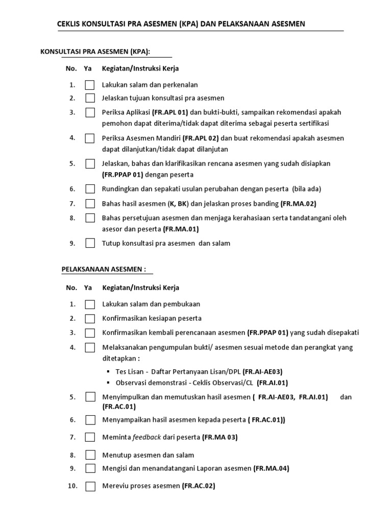 Ceklis-Konsultasi Pra Asesmen & Pelaksanaan Asesmen | PDF