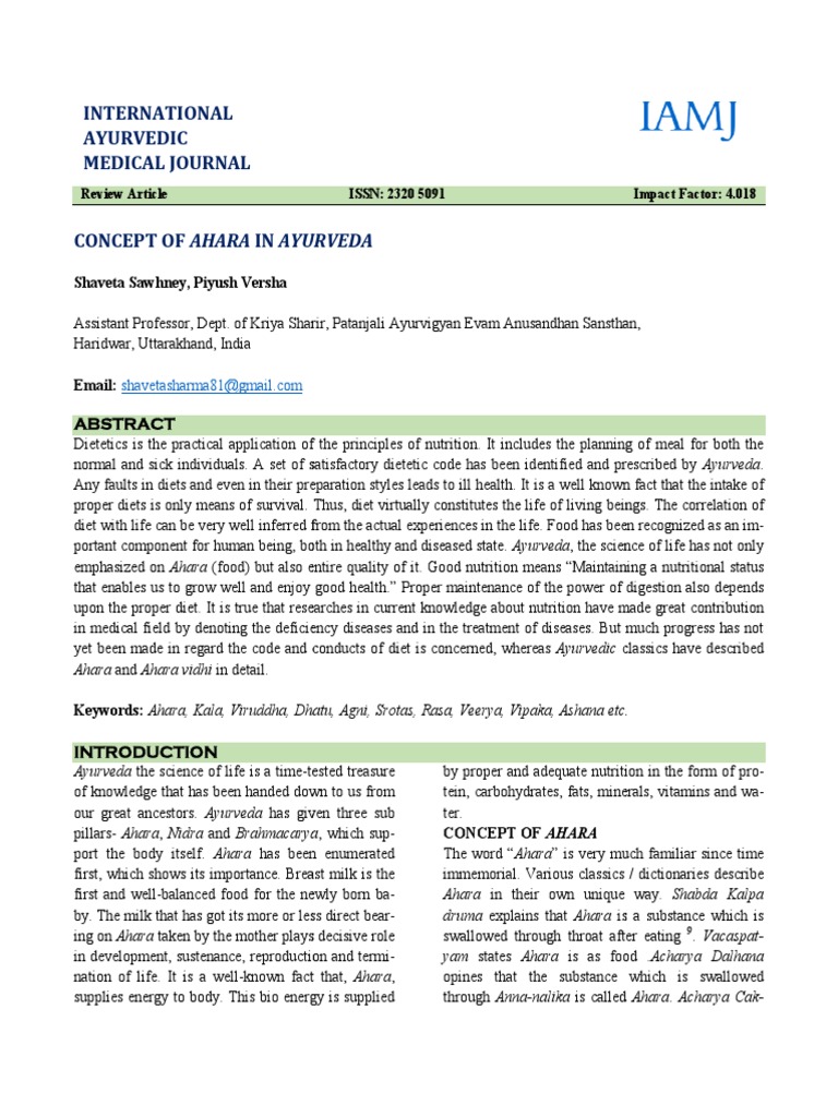 AYURVEDIC MEDICAL JOURNAL REVIEWS CONCEPT OF AHARA | PDF | Ayurveda | Nutrients