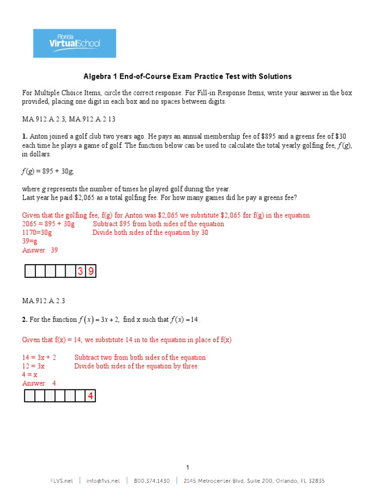 Algebra I Practice Test With Answers | PDF | Quadratic Equation ...