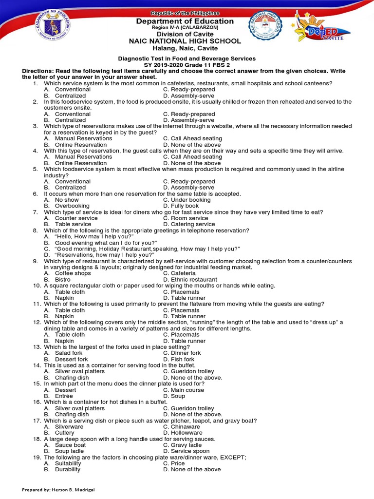 Food and Beverage Services Diagnostic Test | PDF | Tableware | Foodservice