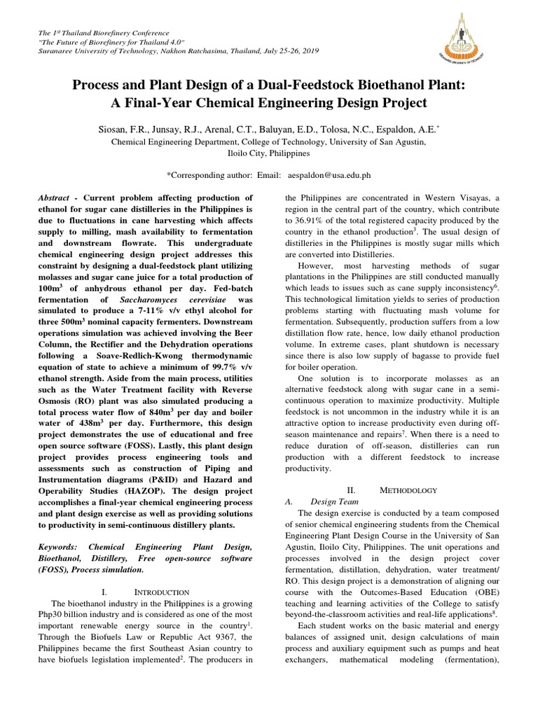 Process and Plant Design of A Dual-Feedstock Bioethanol Plant: A Final ...