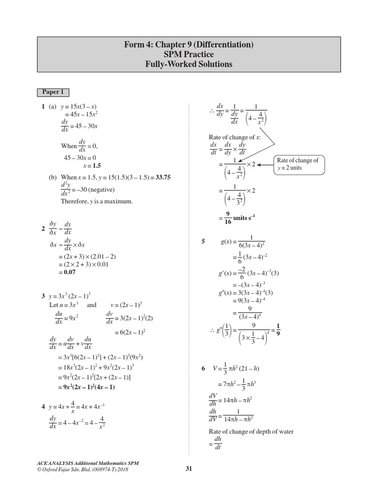 Form 4: Chapter 9 (Differentiation) SPM Practice Fully-Worked Solutions ...