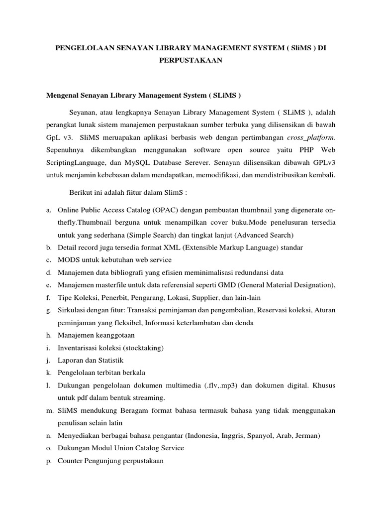 PENGELOLAAN SENAYAN LIBRARY MANAGEMENT SYSTEM (SliMS) DI PERPUSTAKAAN | PDF