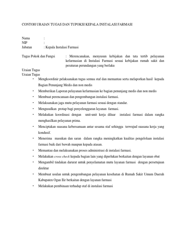 Contoh Uraian Tugas Dan Tupoksi Kepala Instalasi Farmasi | PDF