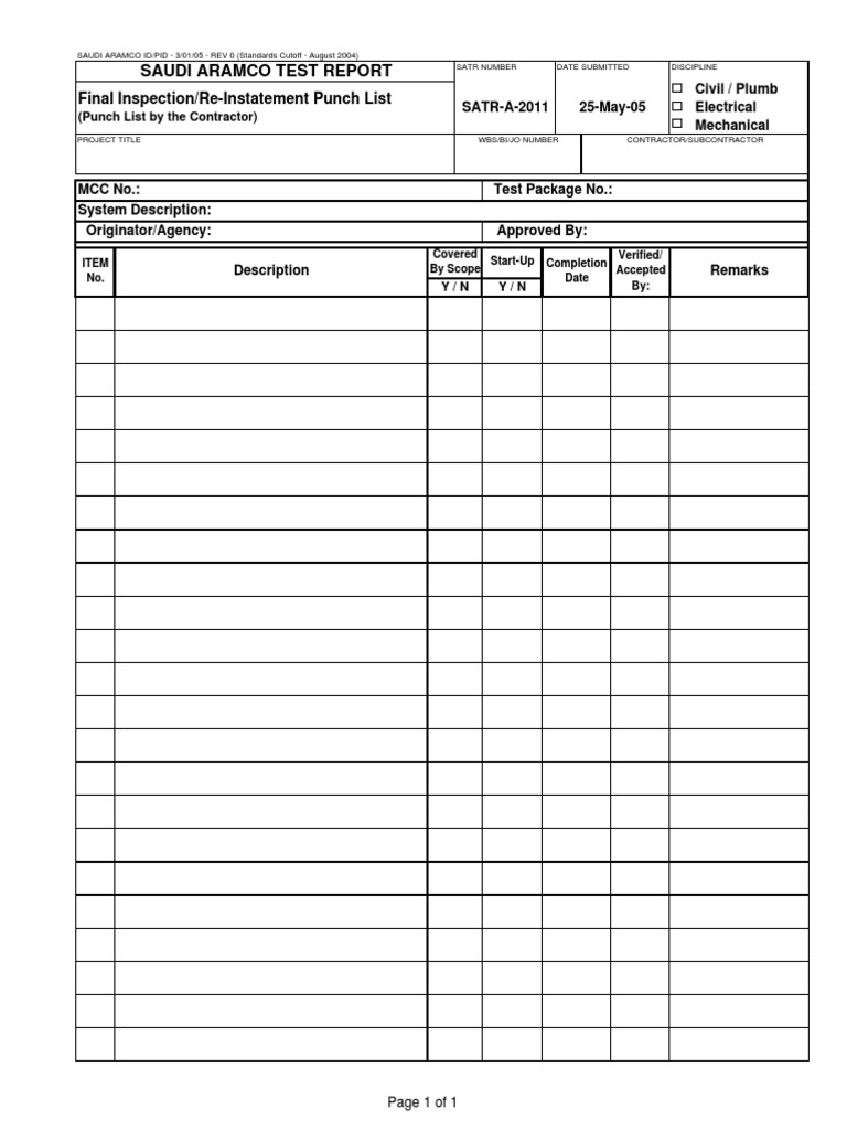 SATR-A-2011 Final Punch List Form | PDF