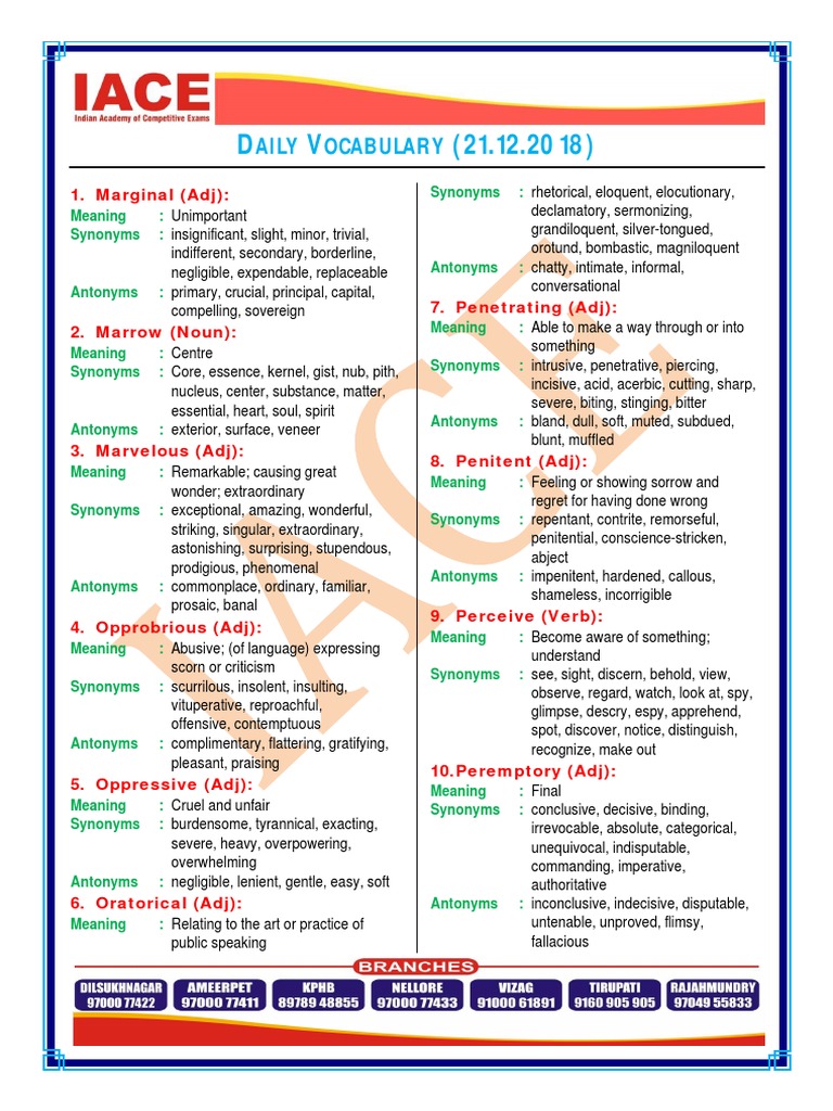 Daily Vocabulary List - December 2018 | PDF | Language Arts & Discipline