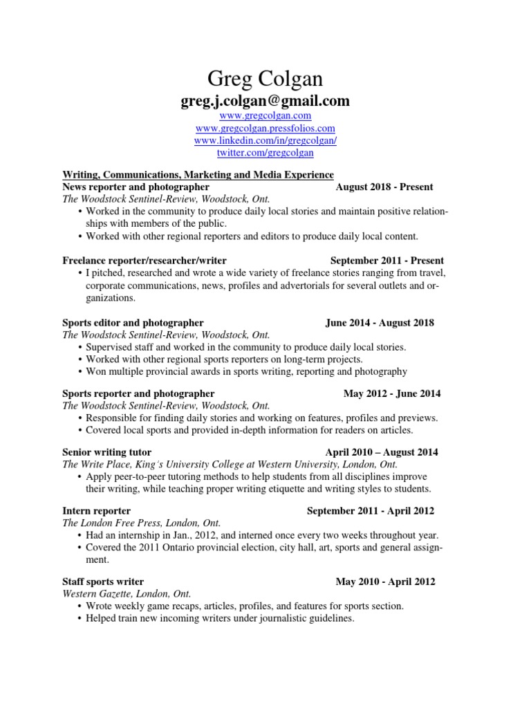 Greg Colgan Resume | PDF | Bachelor Of Arts | Writers