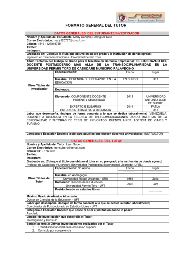 Marly Rodriguez Formato Tutoria | PDF | Titulo academico | Maestros