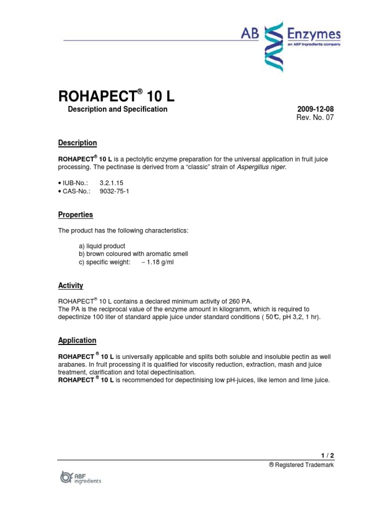 Rohapect 10 L: ® Description and Specification 2009-12-08 | PDF | Foods ...