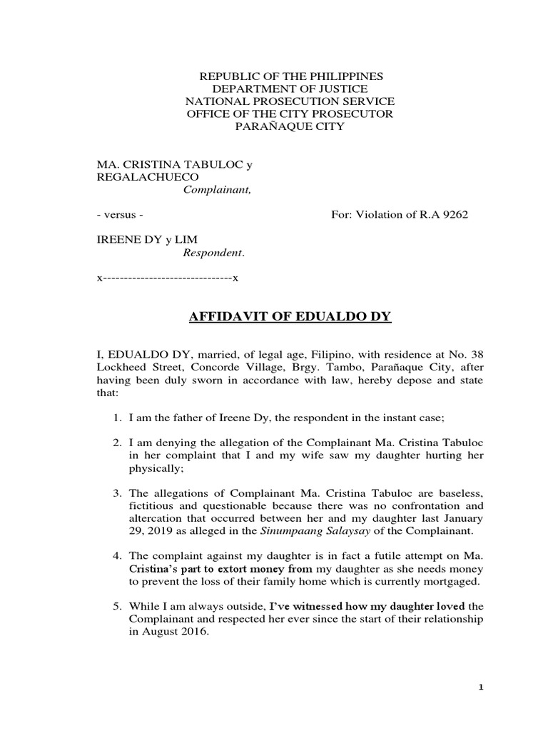 Affidavit of WItness Sample in VAWC | PDF | Judiciaries | Legal Procedure