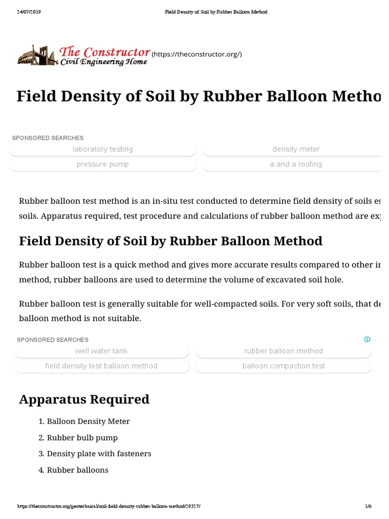 Field Density of Soil by Rubber Balloon Method PDF | PDF | Balloon ...