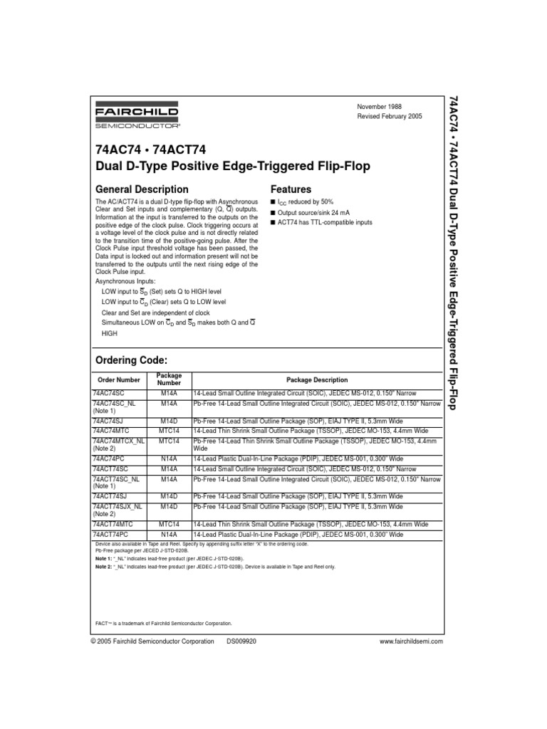 74AC74 - 74ACT74 Dual D-Type Positive Edge-Triggered Flip-Flop | PDF | Digital Electronics ...