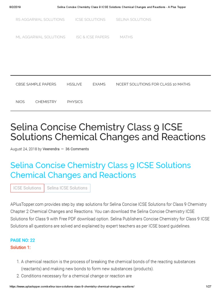 Selina Concise Chemistry Class 9 ICSE Solutions Chemical Changes and ...