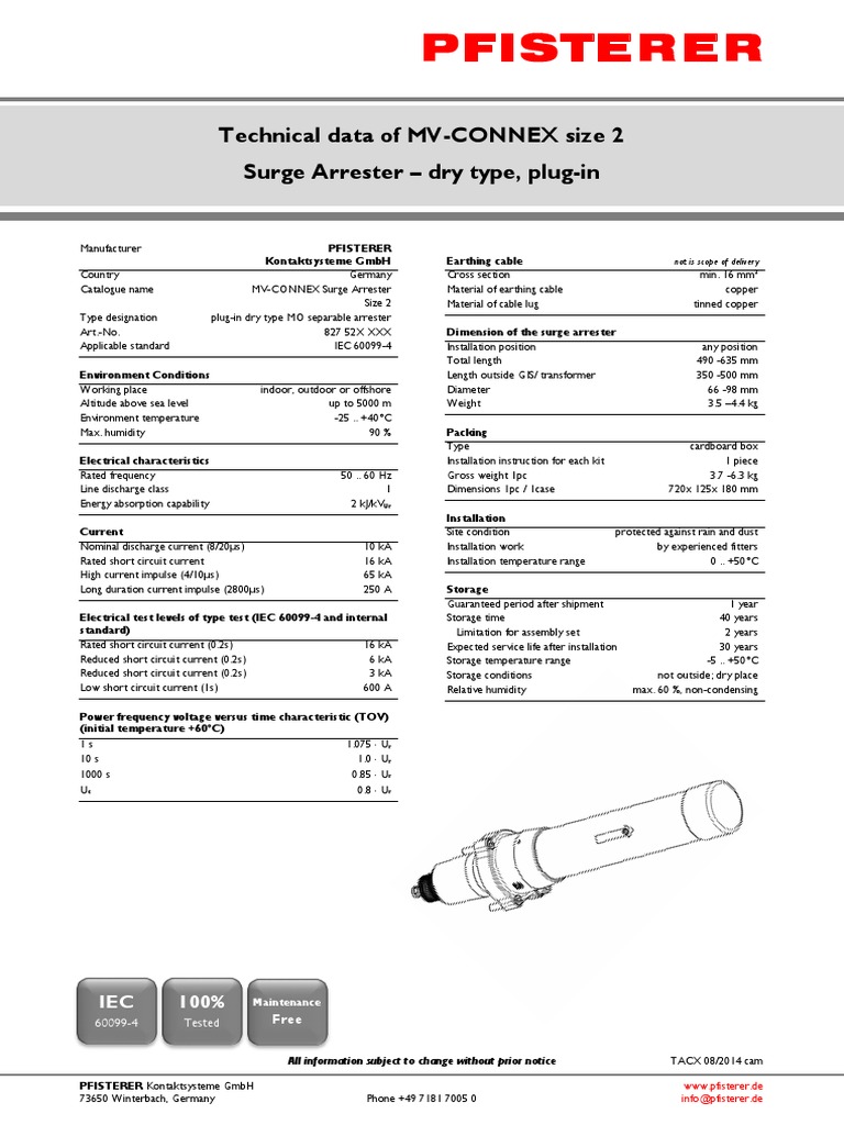 MV CONNEX Technical Data Surge Arrester Size 2 and Drawing | PDF | Physics | Physical Quantities