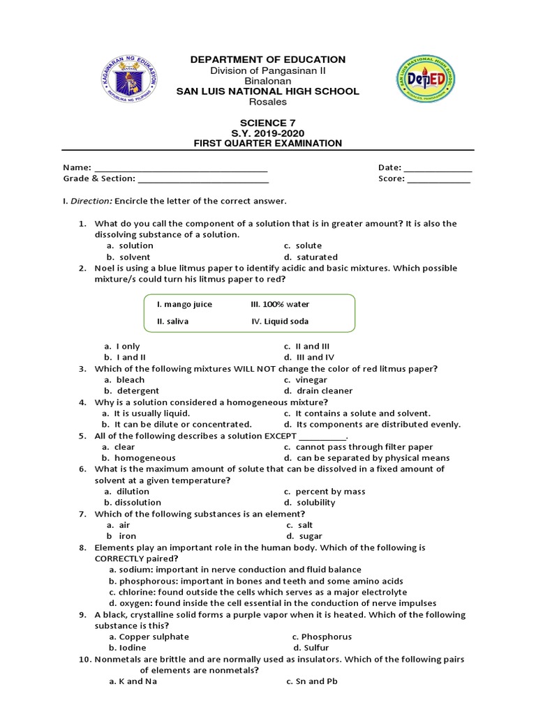 Science 7 Exam for Students | PDF | Solution | Metals
