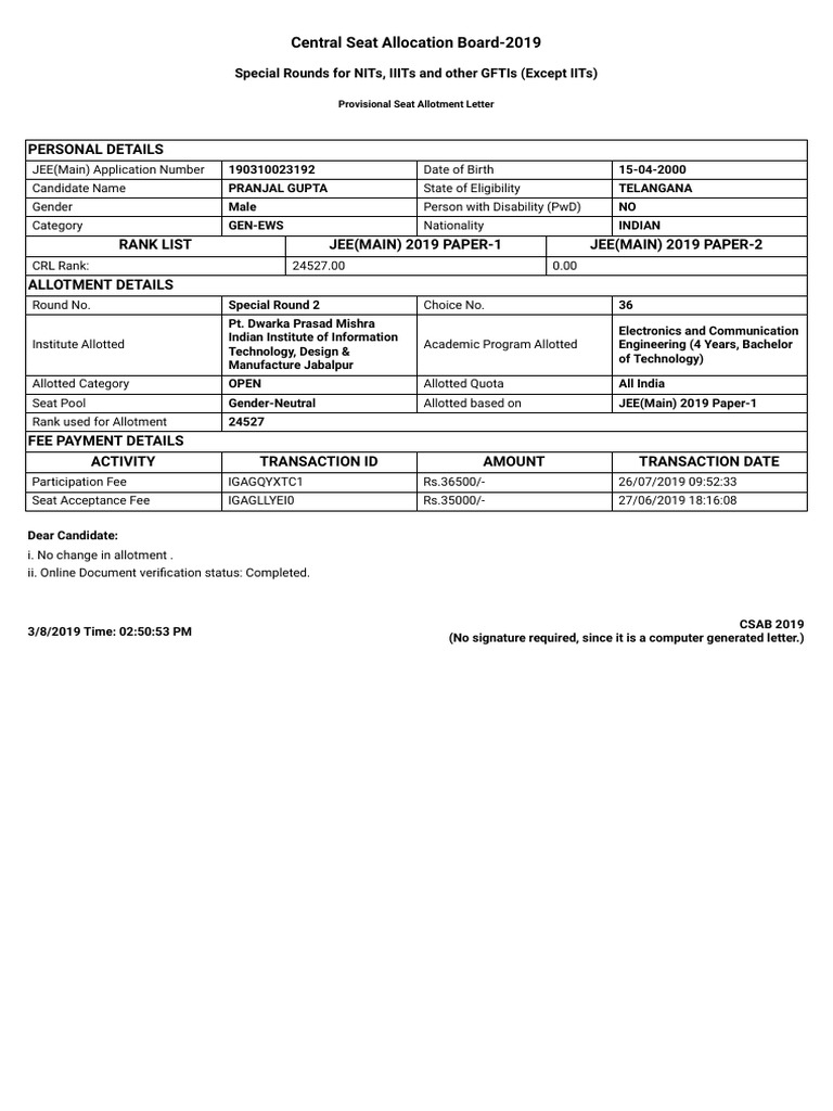 Central Seat Allocation Board-2019: Personal Details | PDF | Business