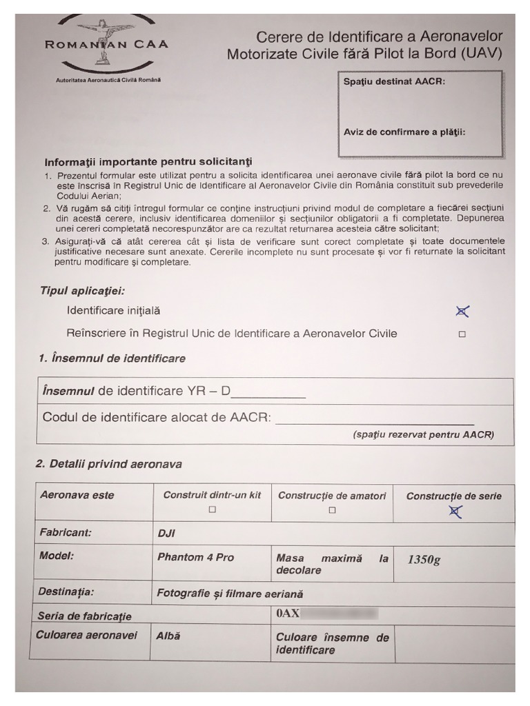 Model Completare Cerere Inmatriculare Drona PDF | PDF