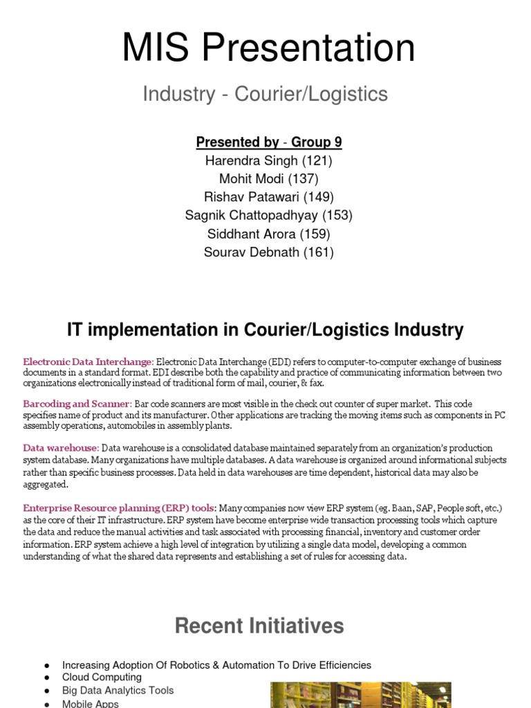 MIS Presentation: Industry - Courier/Logistics | PDF | Electronic Data ...